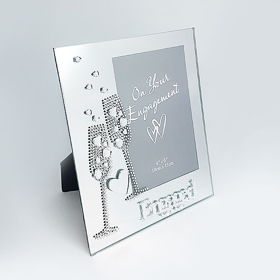 On Your Engagement Mirror Frame 4" x 6" Flute/Crystal Hearts